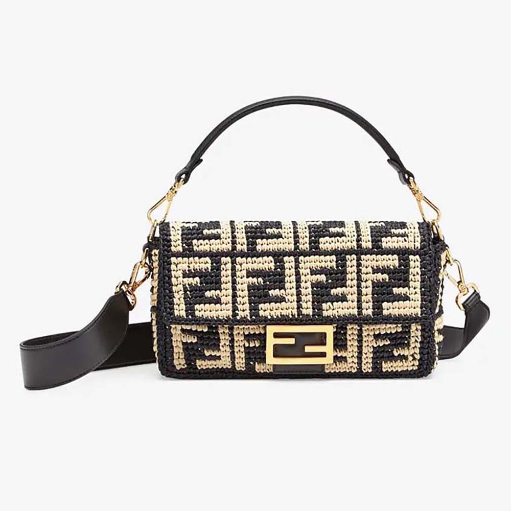 Fendi Women Baguette Black Raffia FF Bag