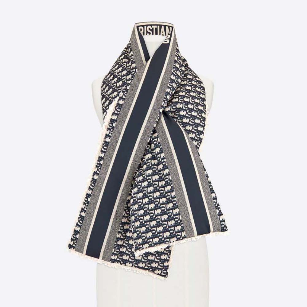 Dior Women Oblique Scarf Navy Blue Technical Taffeta and Ecru Shearling ...