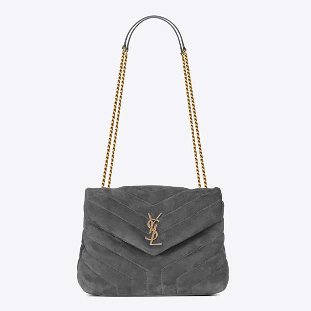 Saint Laurent YSL Women Loulou Small Chain Bag in "Y"-Quilted Suede-Silver